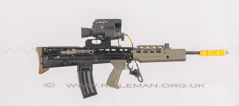 The British L85A1 SA80 Bull-pup rifle with the SAWES training optical sight